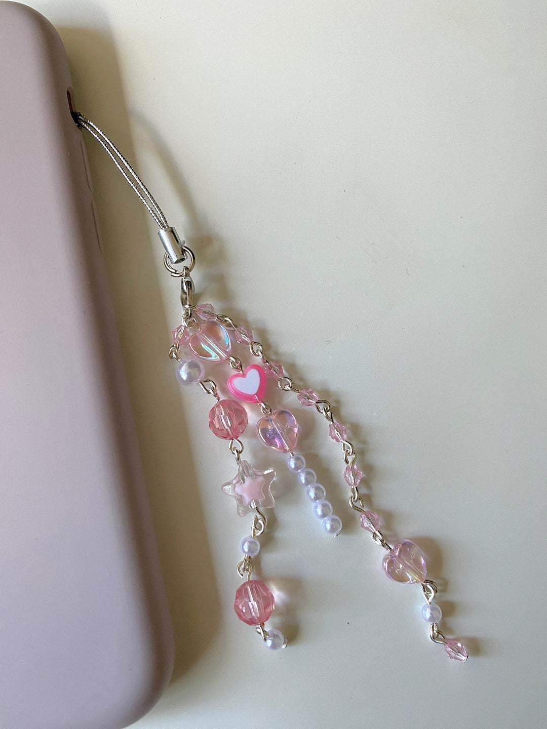 Handmade Pink Hearts and Pearls Phone Charm, Kawaii Phone Strap, Cute ...