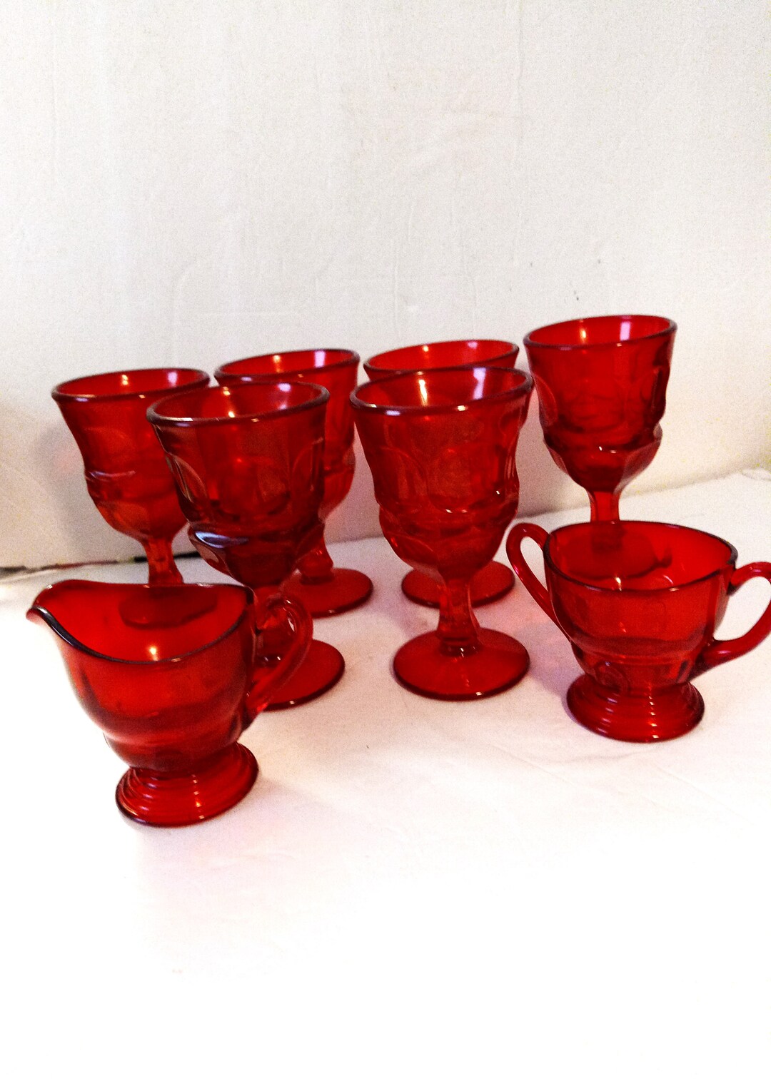 6 Fostoria Argus Ruby Stem Glasses / Martinsville Ruby Red Creamer and ...