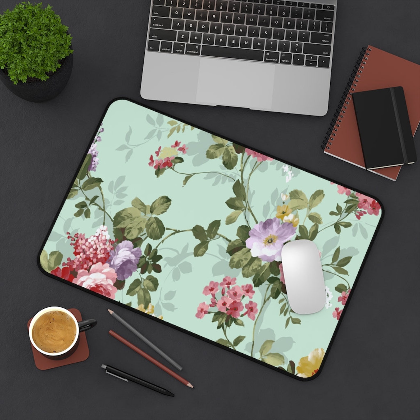 Vintage Floral Pattern on Turquoise Custom Desk Mat High | Etsy