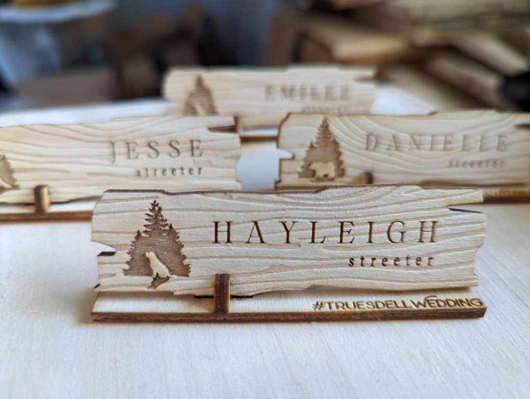 Rustic Wood Place Card, Outdoor Venue Escort Card, Engraved Wooden Name ...