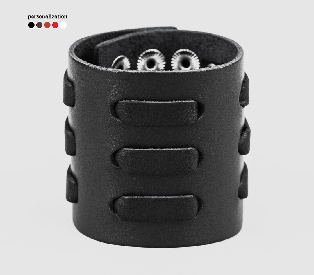 Wide Leather Wrist Cuff Bracelet for Men or Women, Black Wide Leather Cuff Wristband Armband ...