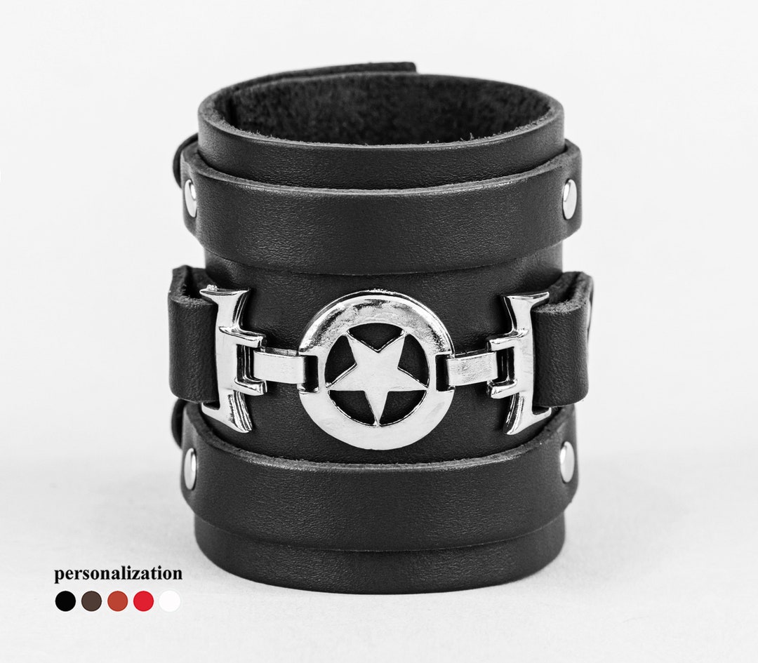 Wide Leather Wristbands Star Leather Wrist Cuff Leather Bracelet Mens ...