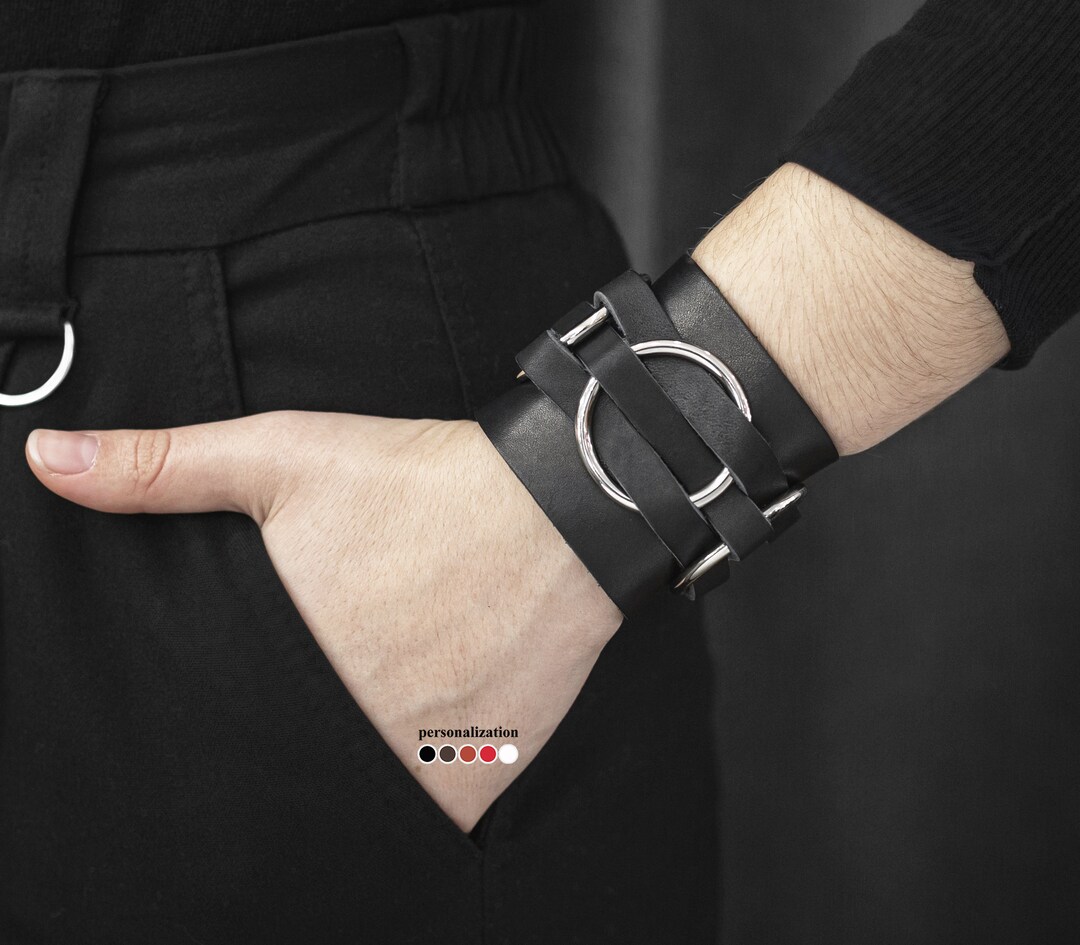 Wide Leather Wrist Cuff Bracelet With O-ring for Men or Women, Black Wide Leather Cuff Wristband ...