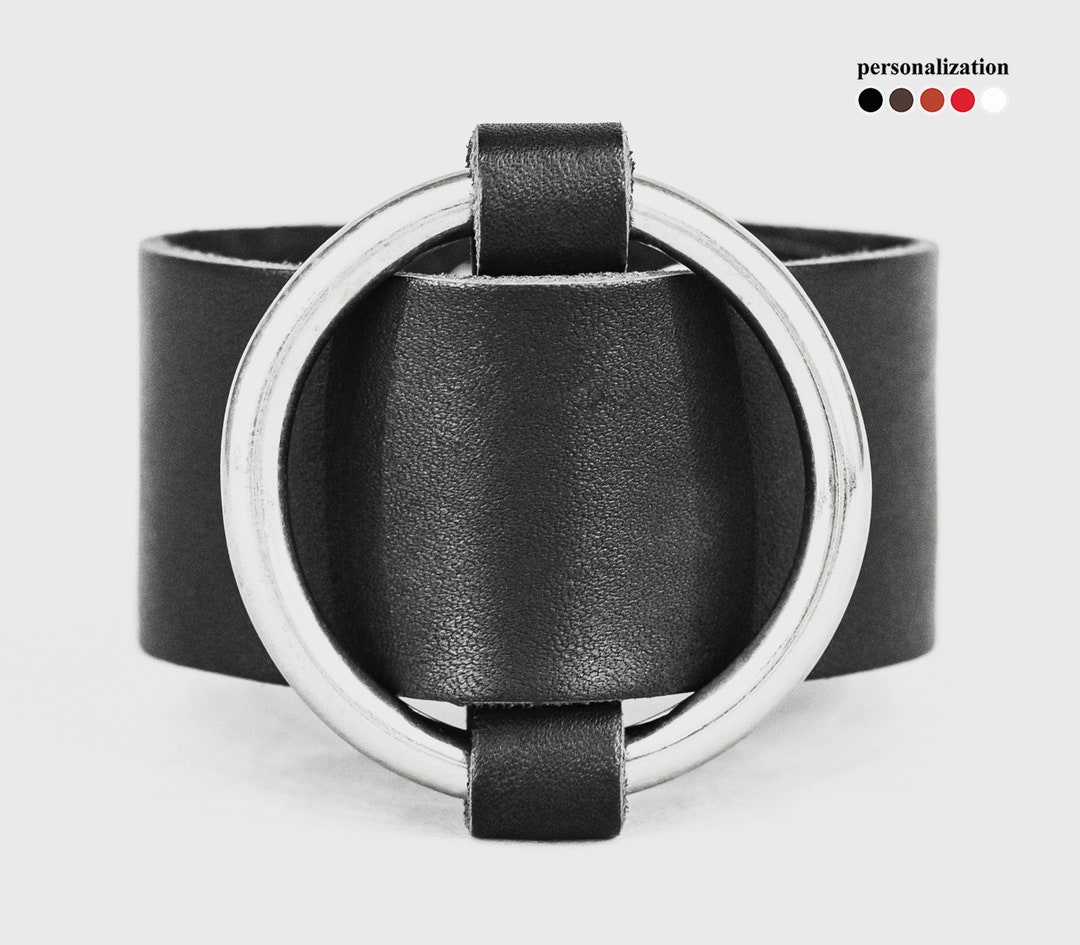 Leather Bracelet With Circle, Wide Leather Wrist Cuff Bracelet, Black Wide Leather Cuff ...