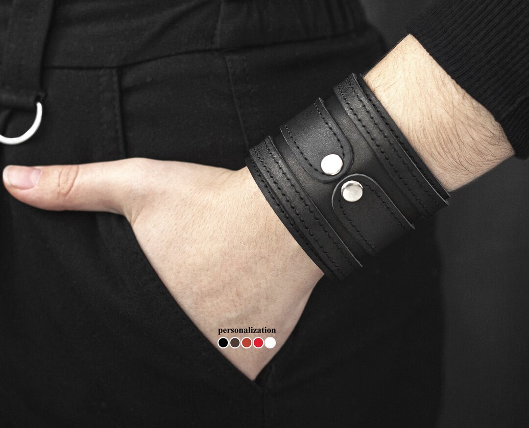 Wide Stitched Leather Wrist Cuff Bracelet, Black Wide Leather Cuff Wristband for Men or Women ...