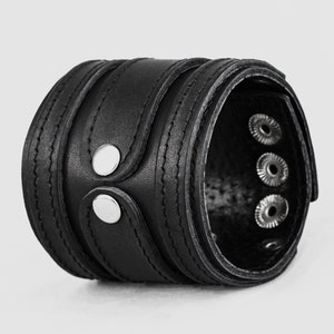 Wide Stitched Leather Wrist Cuff Bracelet, Black Wide Leather Cuff Wristband for Men or Women ...
