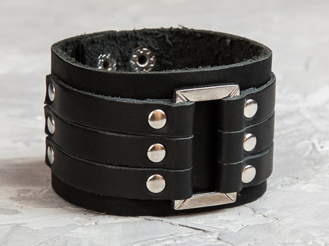 Mens wide leather wristband Wide leather cuff Metal armlet men | Etsy