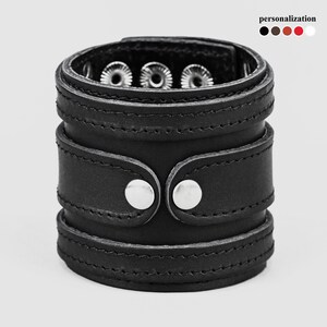 Wide Stitched Leather Wrist Cuff Bracelet, Black Wide Leather Cuff Wristband for Men or Women ...