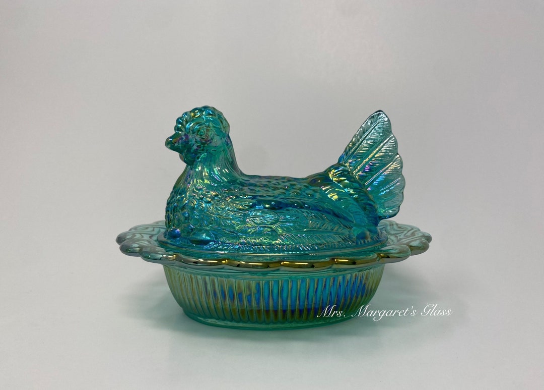 Mosser Glass Teal Carnival Hen on Nest - Etsy