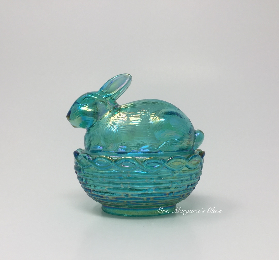 Mosser Glass Teal Carnival Iridescent Bunny Rabbit on Basket - Etsy