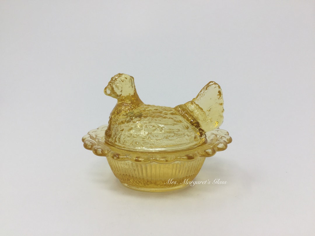 Mosser Glass Miniature Amber Hen on Nest, Salt Cellar/ Trinket Holder ...