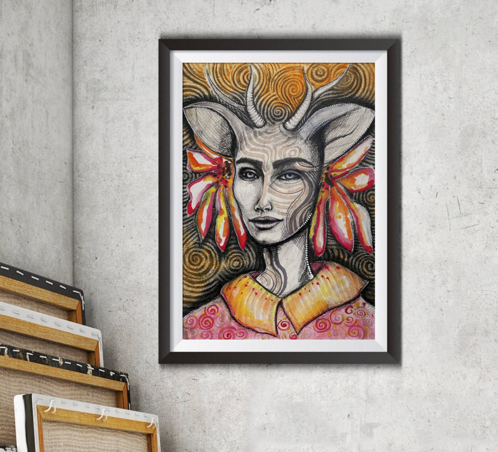 Female Art in Frame Original Fantasy Painting Woman Portrait - Etsy