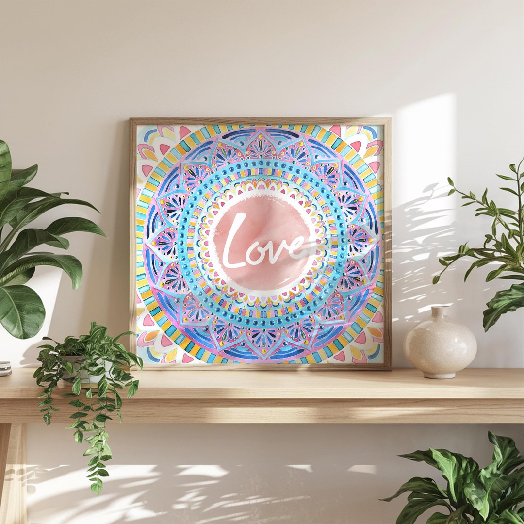 Love Mandala Wall Art | Romantic Wall Decor | Watercolor Mandala Print ...