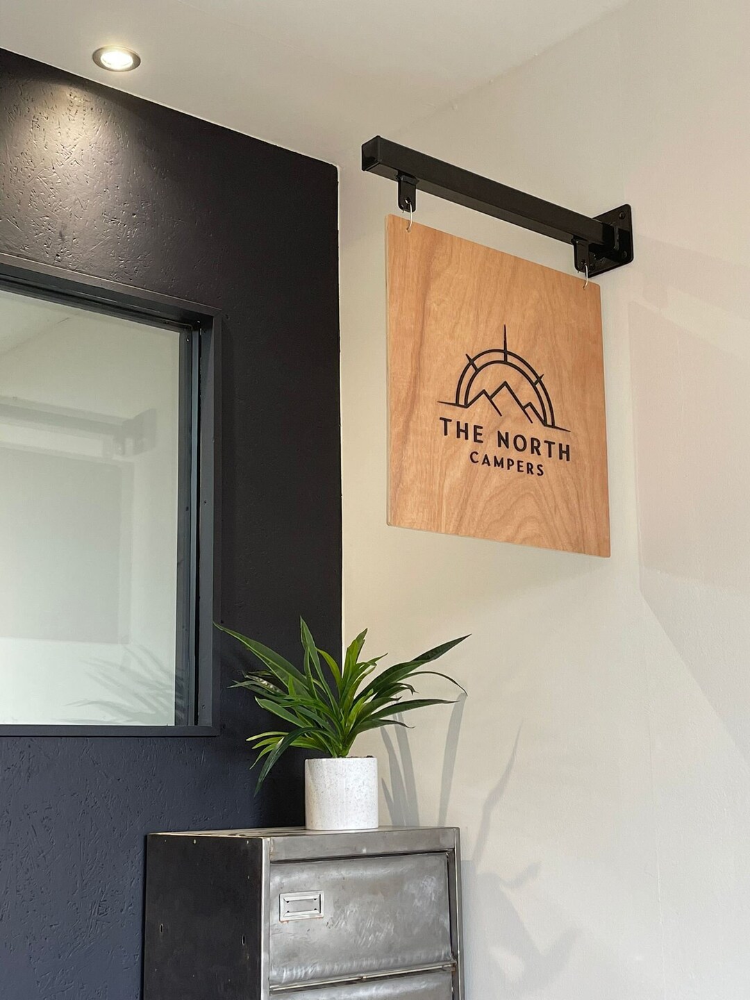 Metal Bracket Projection Sign With Wooden Hanging Sign and Custom Laser ...