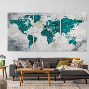 Turquoise World Map Canvas Wall Art, Push Pin Travel Map, Living Room ...