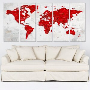 World Map Canvas Wall Art, Red Color Push Pin Travel Map, Home or ...
