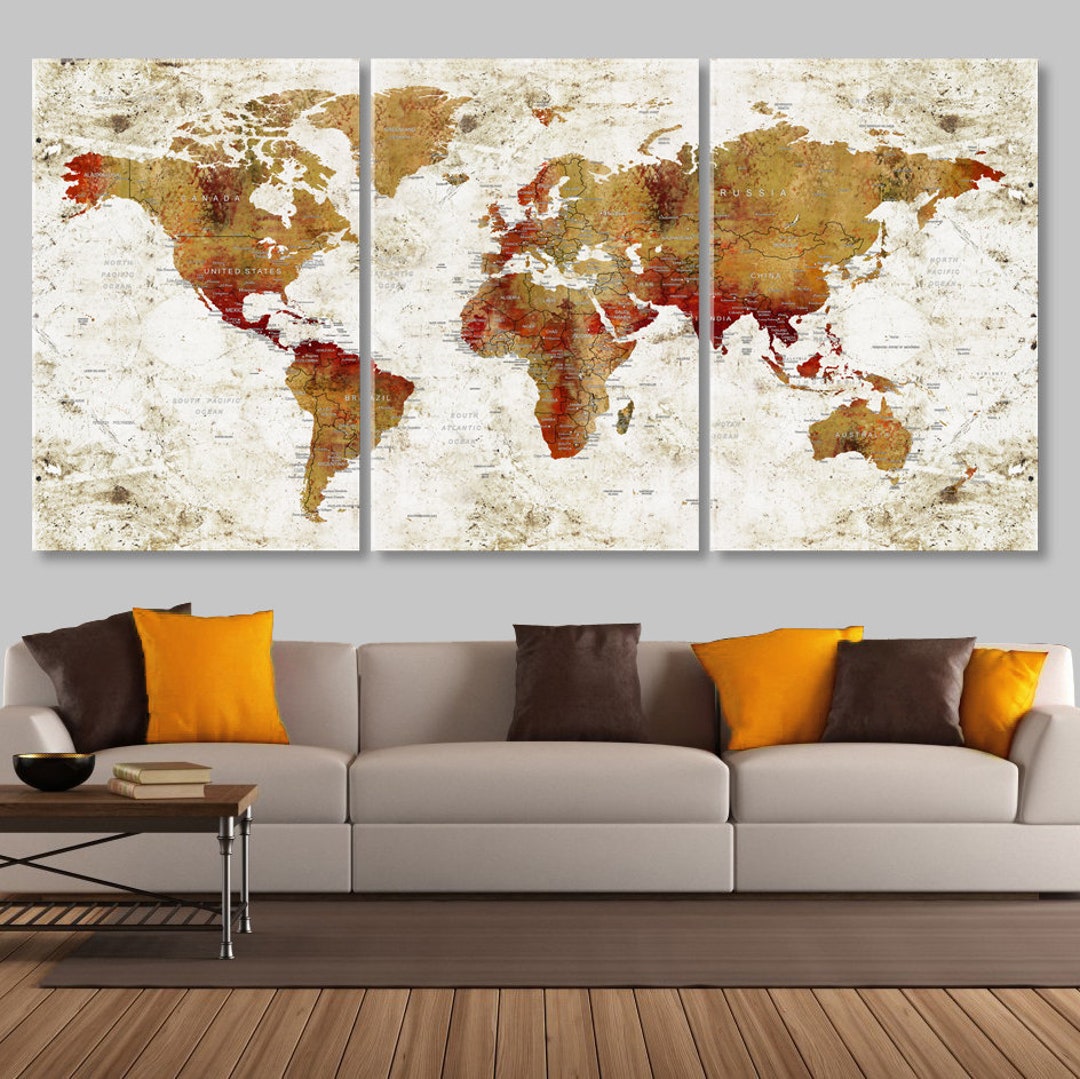 World Map Canvas, World Map Wall Decor, Push Pin Travel Map, Large ...