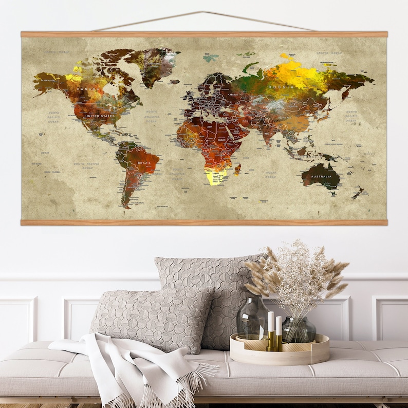 Hanging World Map Canvas Rustic Frame Home Decor Vintage - Etsy