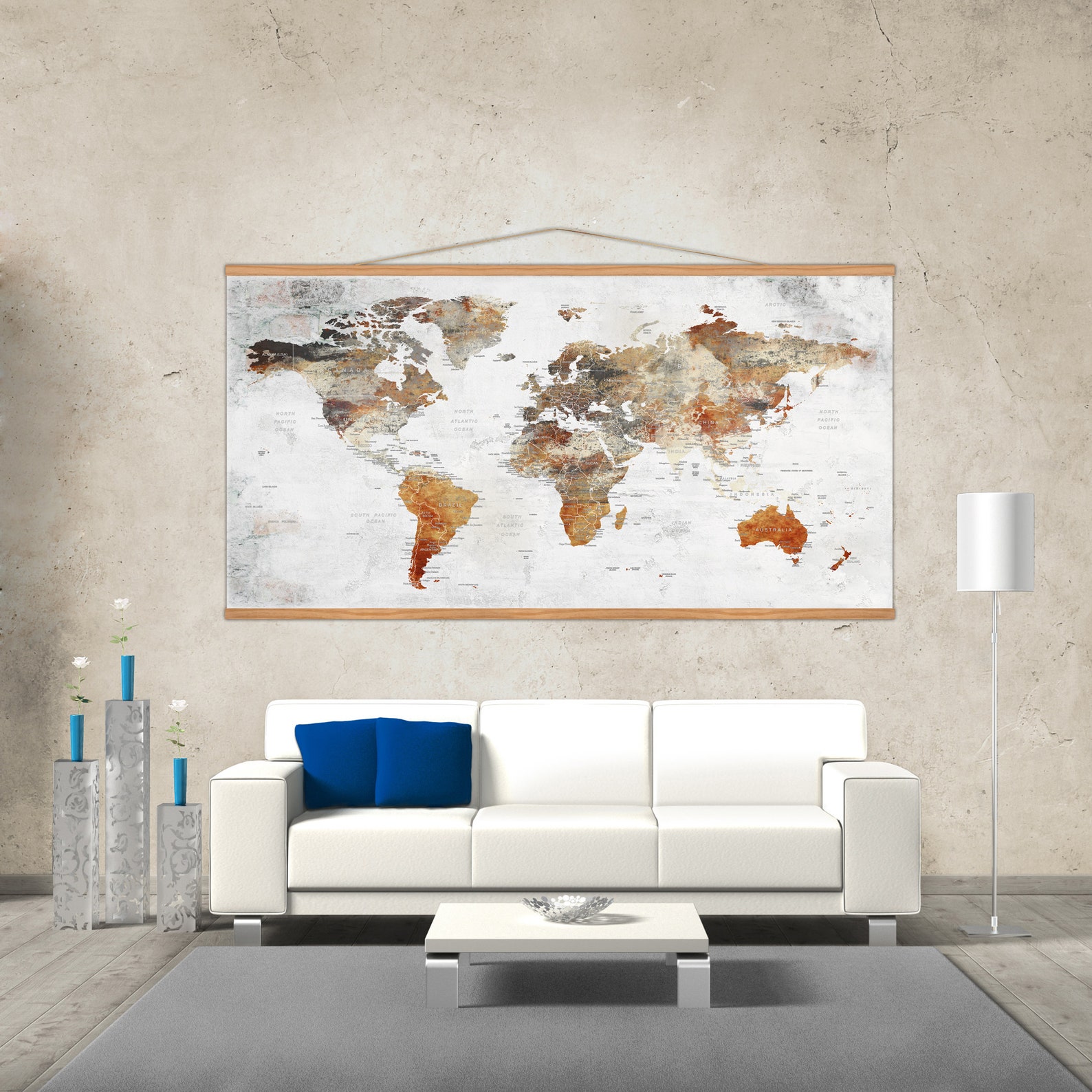 Hanging World Map Canvas Rustic Frame Home Decor Earth - Etsy