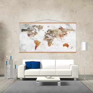 Hanging World Map Canvas, Rustic Frame Home Decor, Earth Colors World ...