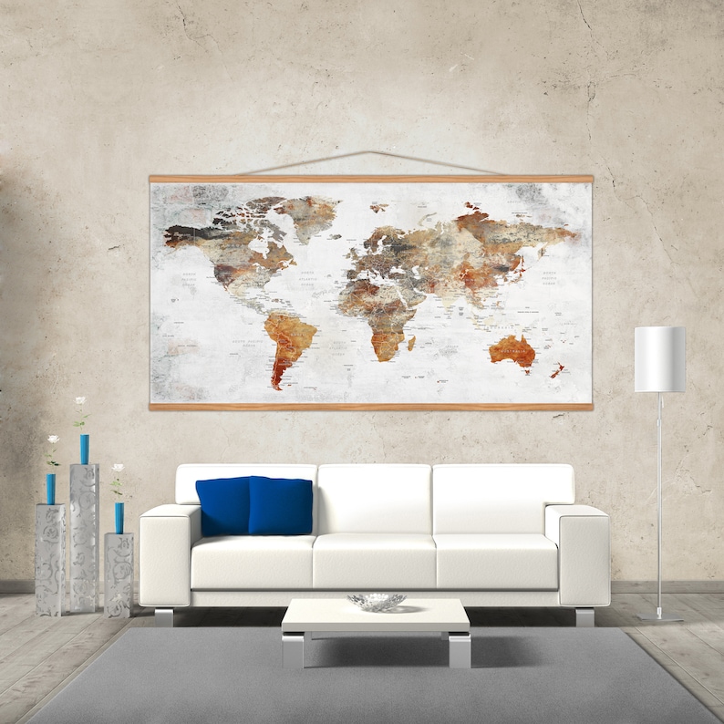 Hanging World Map Canvas Rustic Frame Home Decor Earth - Etsy