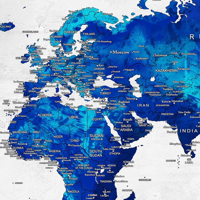 Blue Color World Map Wall Art World Map Canvas Wall Art Push - Etsy