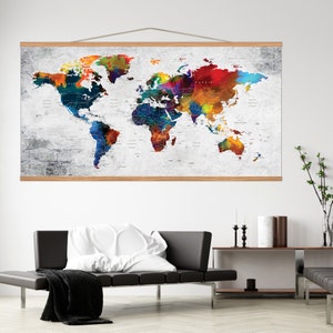 Hanging World Map Canvas, Rustic Frame Home Decor, Colorful World Map ...
