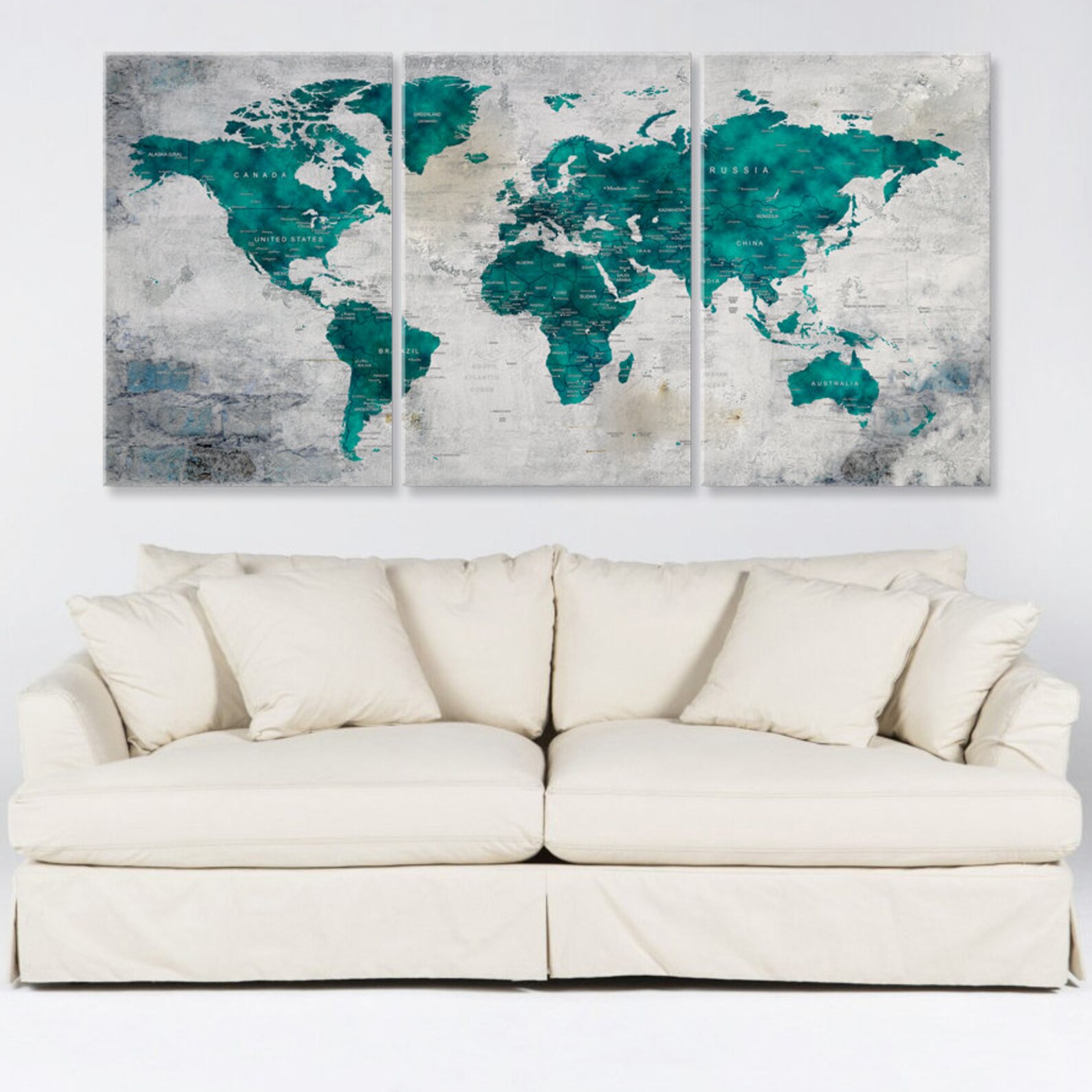 Turquoise World Map Canvas Wall Art Push Pin Travel Map - Etsy