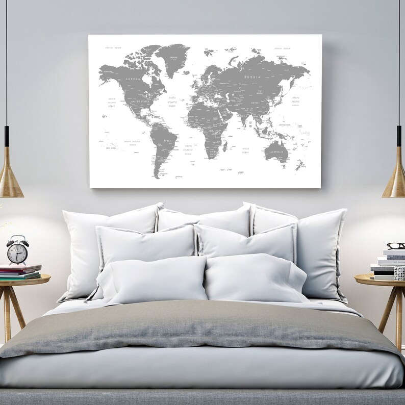 World Map Printable Files, Gray and White Downloadable Large Decor Map ...