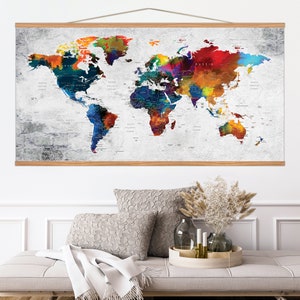 Hanging World Map Canvas, Rustic Frame Home Decor, Colorful World Map ...