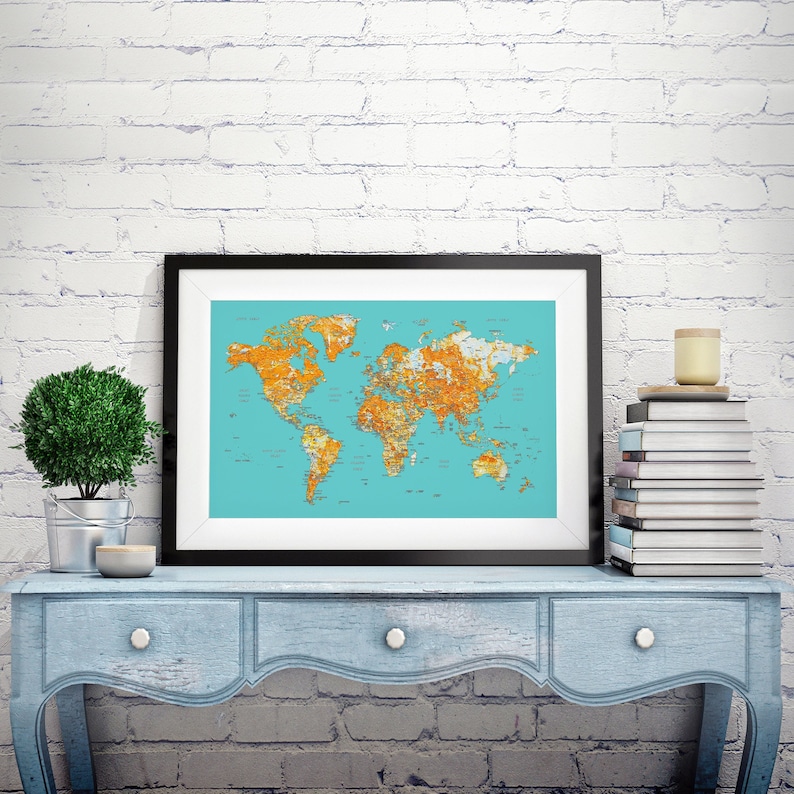 Printable World Map Files Turquoise and Orange Colors - Etsy