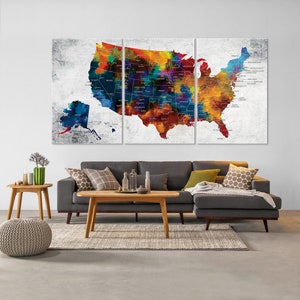 US Map Canvas Wall Art, Push Pin Travel Map, Colorful United States Map ...