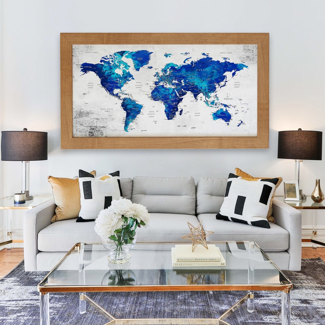 Printable World Map Poster, Navy Blue Colors Downloadable Large Decor ...