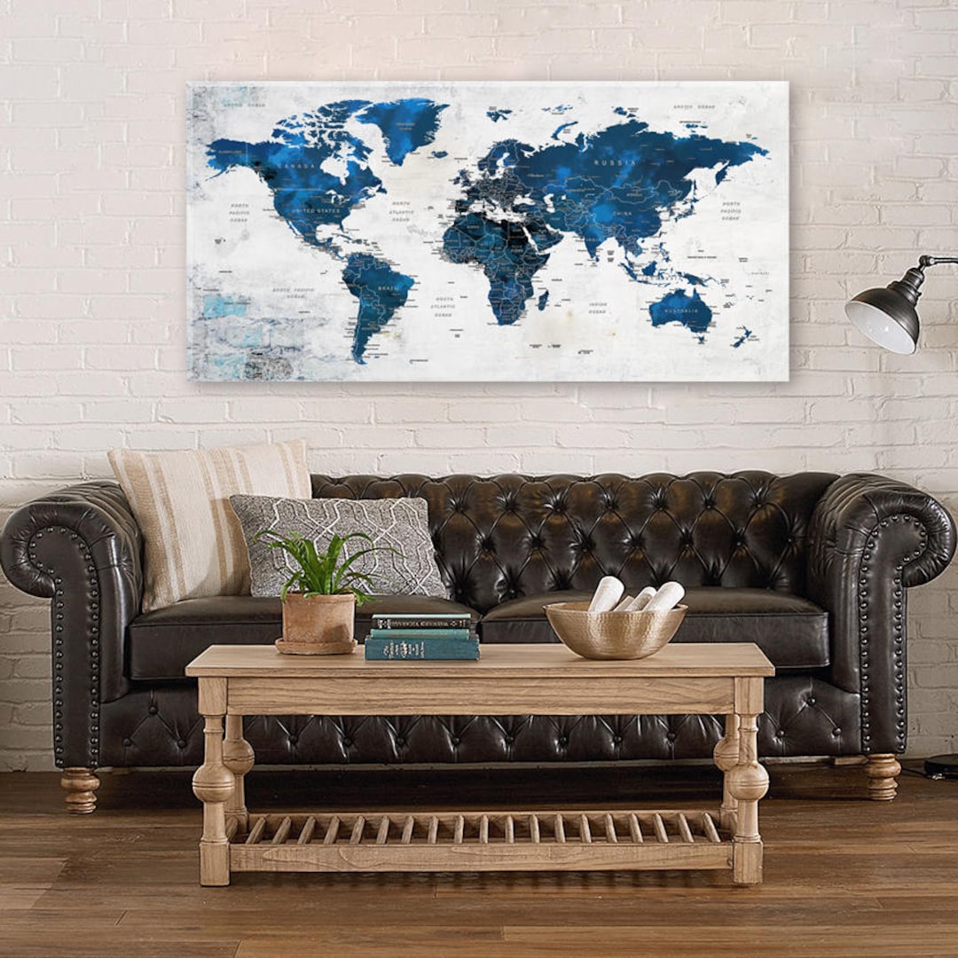 World Map Canvas, Push Pin Travel Map, Navy Blue World Map, Large ...