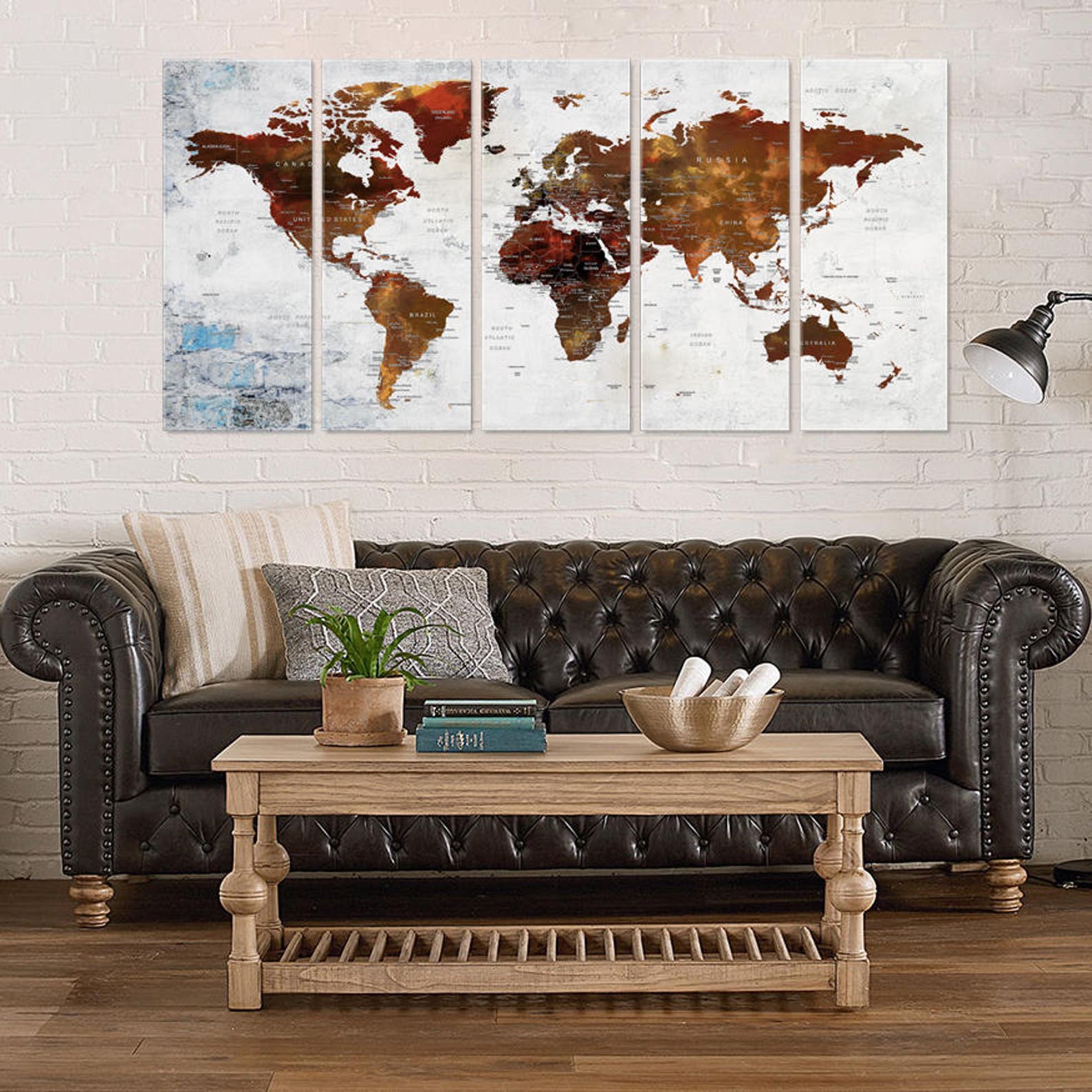 World Map Canvas, Push Pin Travel Map, Large Canvas Brown Map Decor ...