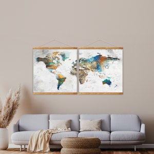 World Map Canvas Wall Hanging, Rustic Frame Home Decor 2 Banner, Earth ...
