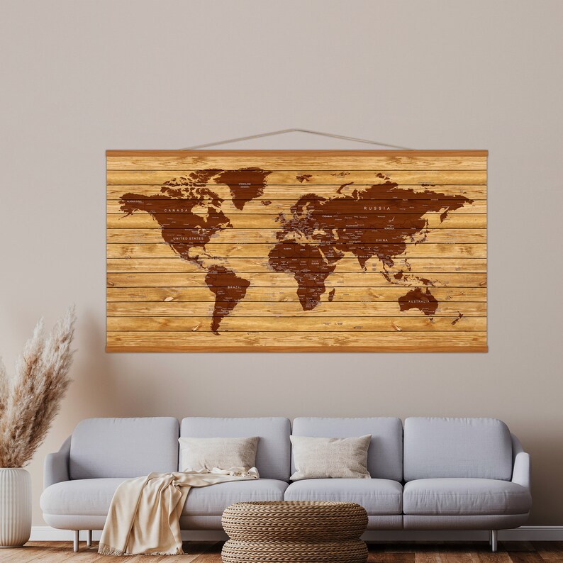 Hanging World Map Canvas Rustic Frame Home Decor Wood - Etsy