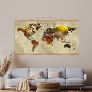 Hanging World Map Canvas, Rustic Frame Home Decor, Vintage Colors World ...