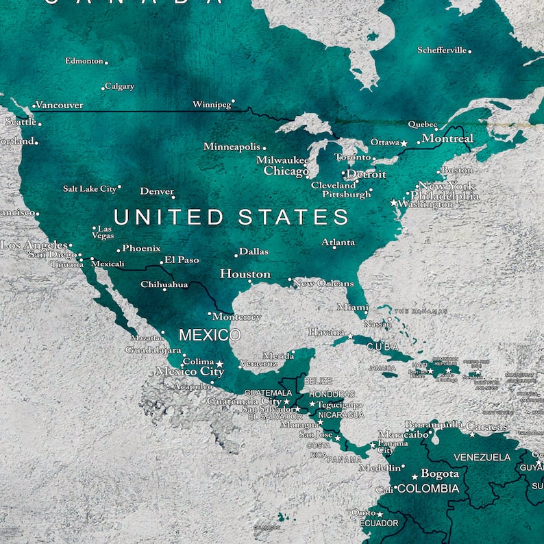 Turquoise World Map Canvas Wall Art Push Pin Travel Map - Etsy