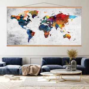 Hanging World Map Canvas, Rustic Frame Home Decor, Colorful World Map ...