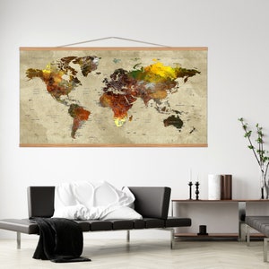 Hanging World Map Canvas, Rustic Frame Home Decor, Vintage Colors World ...