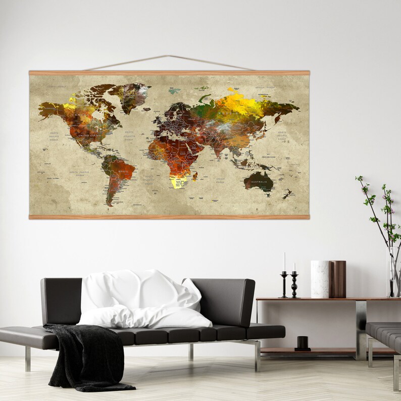Hanging World Map Canvas Rustic Frame Home Decor Vintage - Etsy