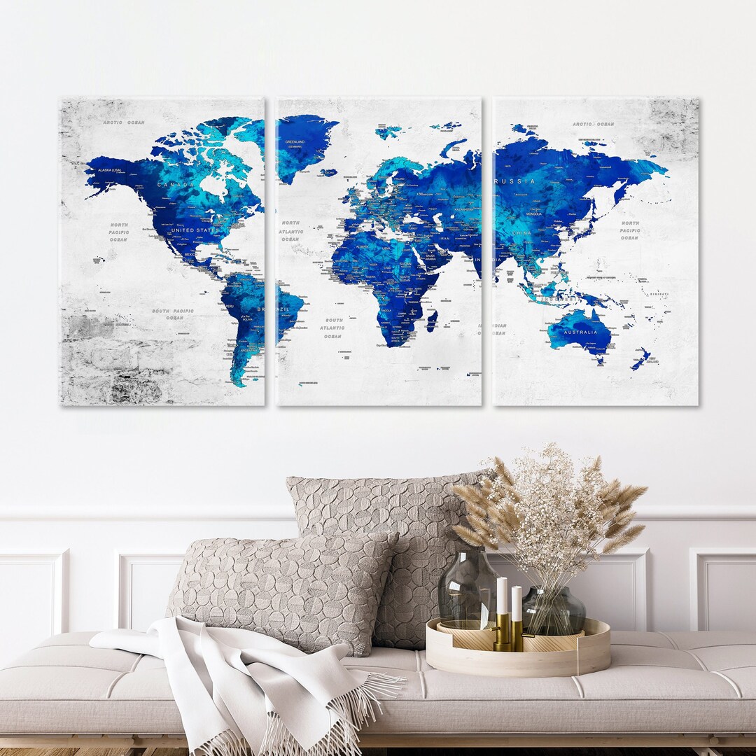 Blue Color World Map Wall Art World Map Canvas Wall Art Push - Etsy