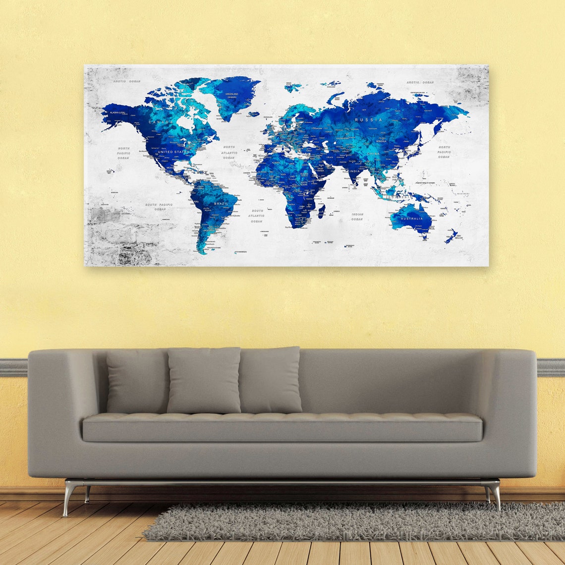 Printable World Map Poster Navy Blue Colors Downloadable - Etsy