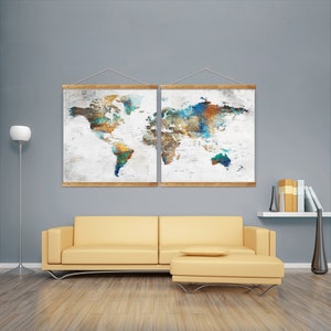 World Map Canvas Wall Hanging, Rustic Frame Home Decor 2 Banner, Earth ...
