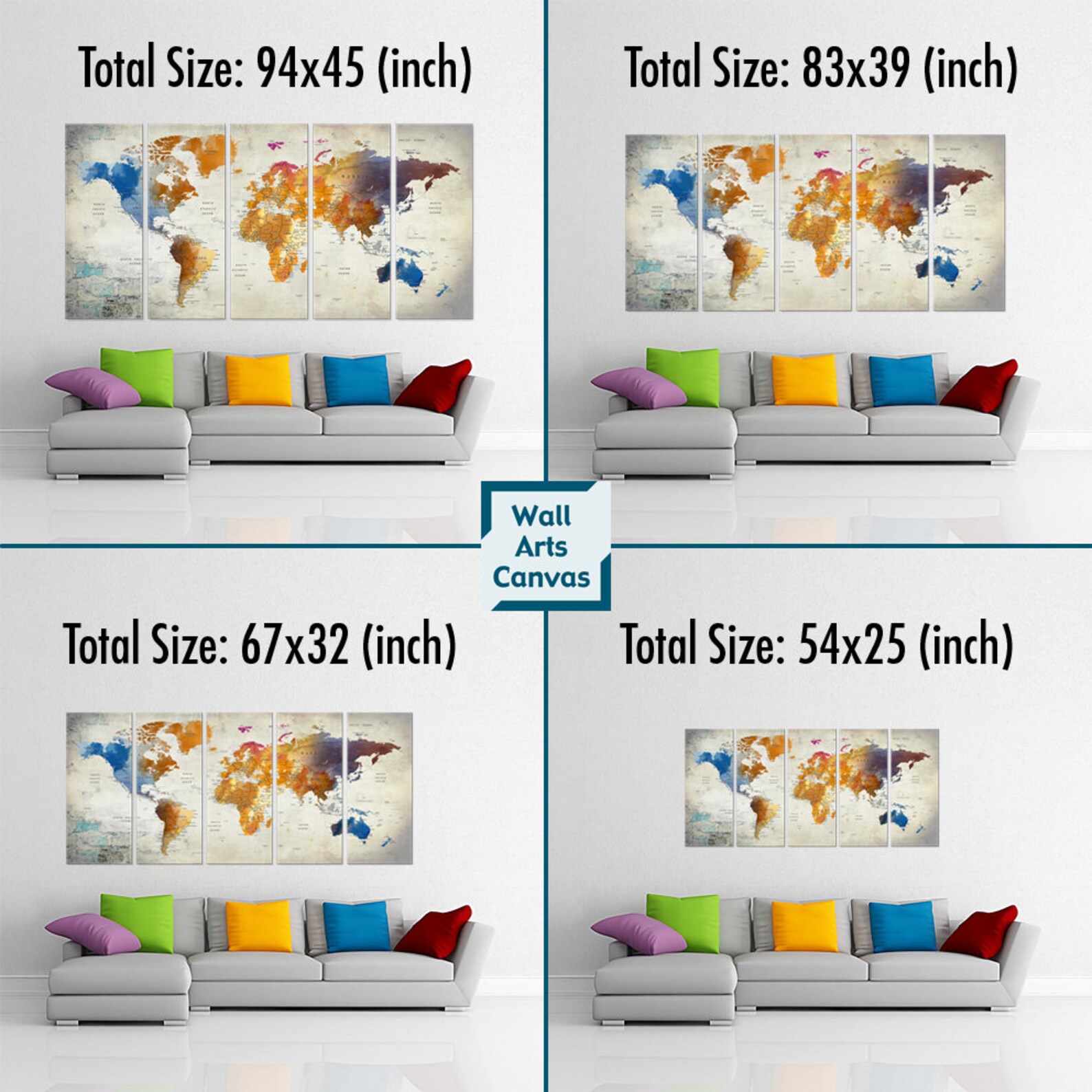 World Map Canvas, Push Pin Travel Map, Colorful World Map, Large Wall ...