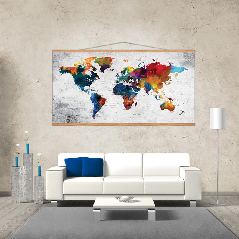 Hanging World Map Canvas, Rustic Frame Home Decor, Colorful World Map ...