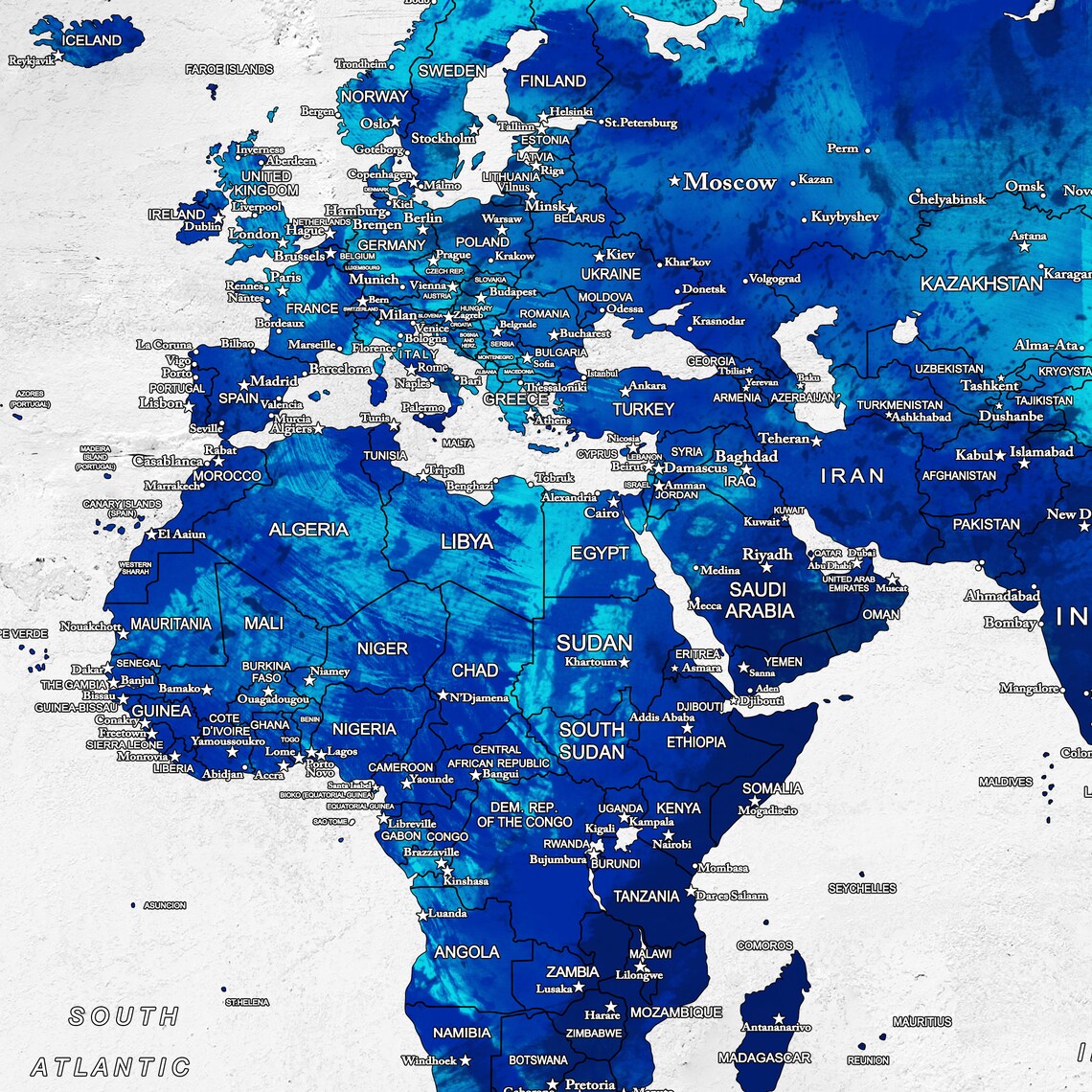 Printable World Map Poster Navy Blue Colors Downloadable - Etsy