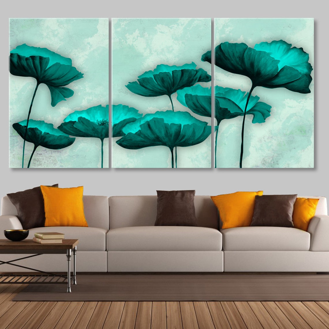 Turquoise Flowers Canvas Modern Teal Floral Wall Art Poppies - Etsy