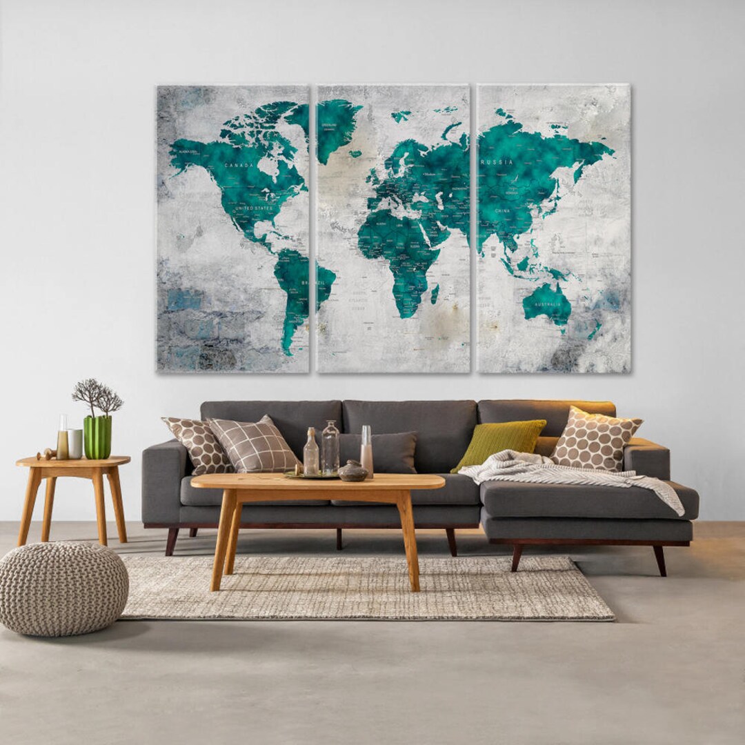 Turquoise World Map Canvas Wall Art, Push Pin Travel Adventure Map ...